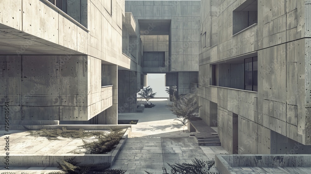 Neo-Brutalist university campus with interconnected concrete buildings and courtyards Stock ...