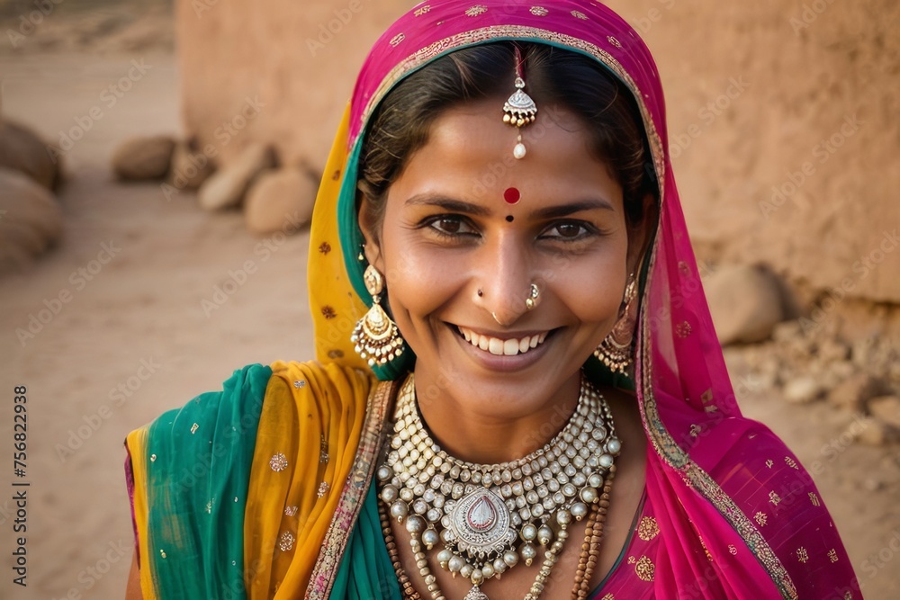 Beautiful Indian woman smiles gracefully elegantly dressed in colorful ...