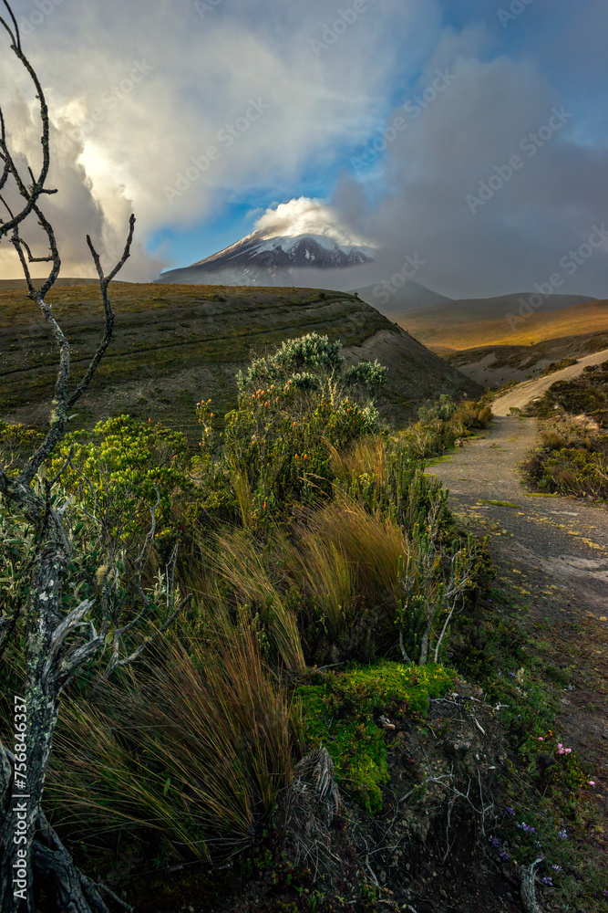 Cotopaxi volcano reveals its south face through a clearing in a cloudy ...