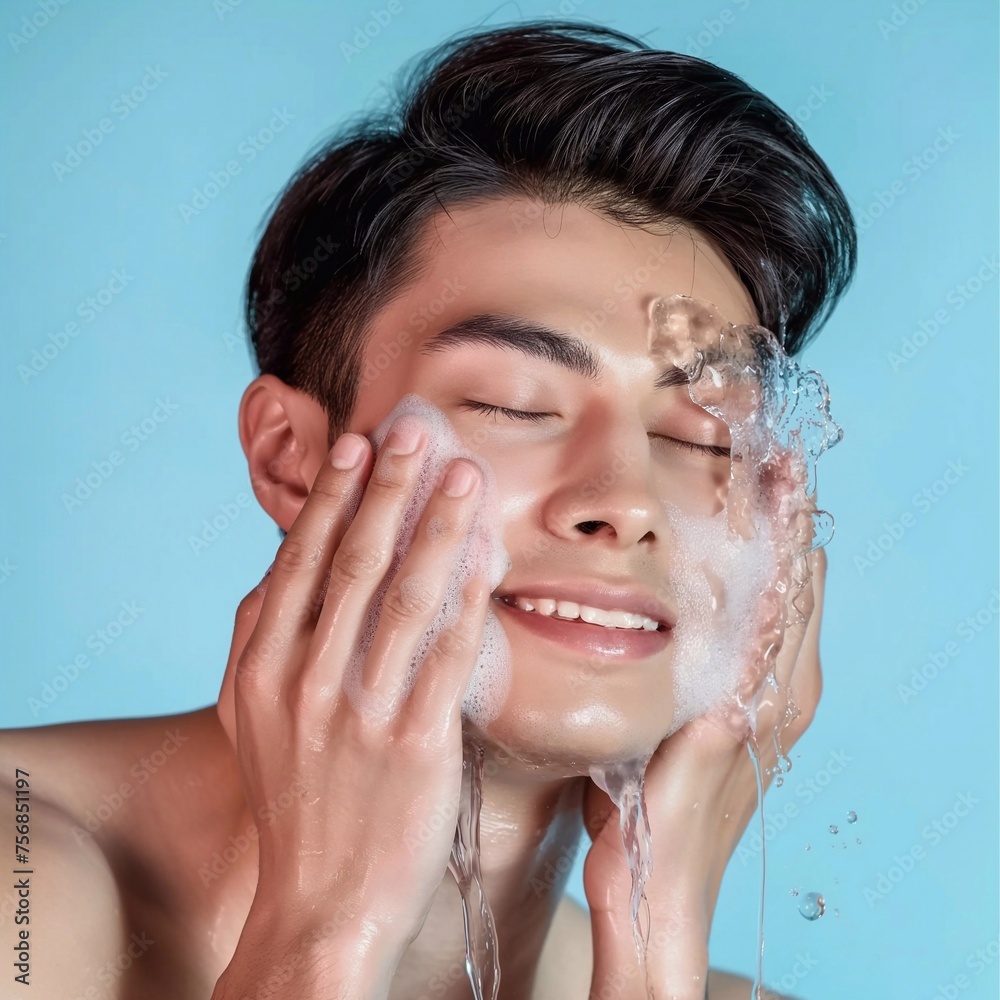 Asian men model washing his face with clean water. On a flat color ...