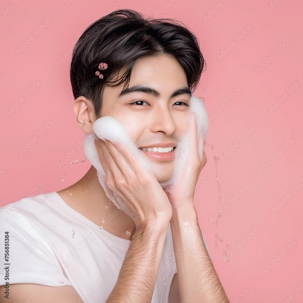 Asian men model washing his face with clean water. On a flat color ...