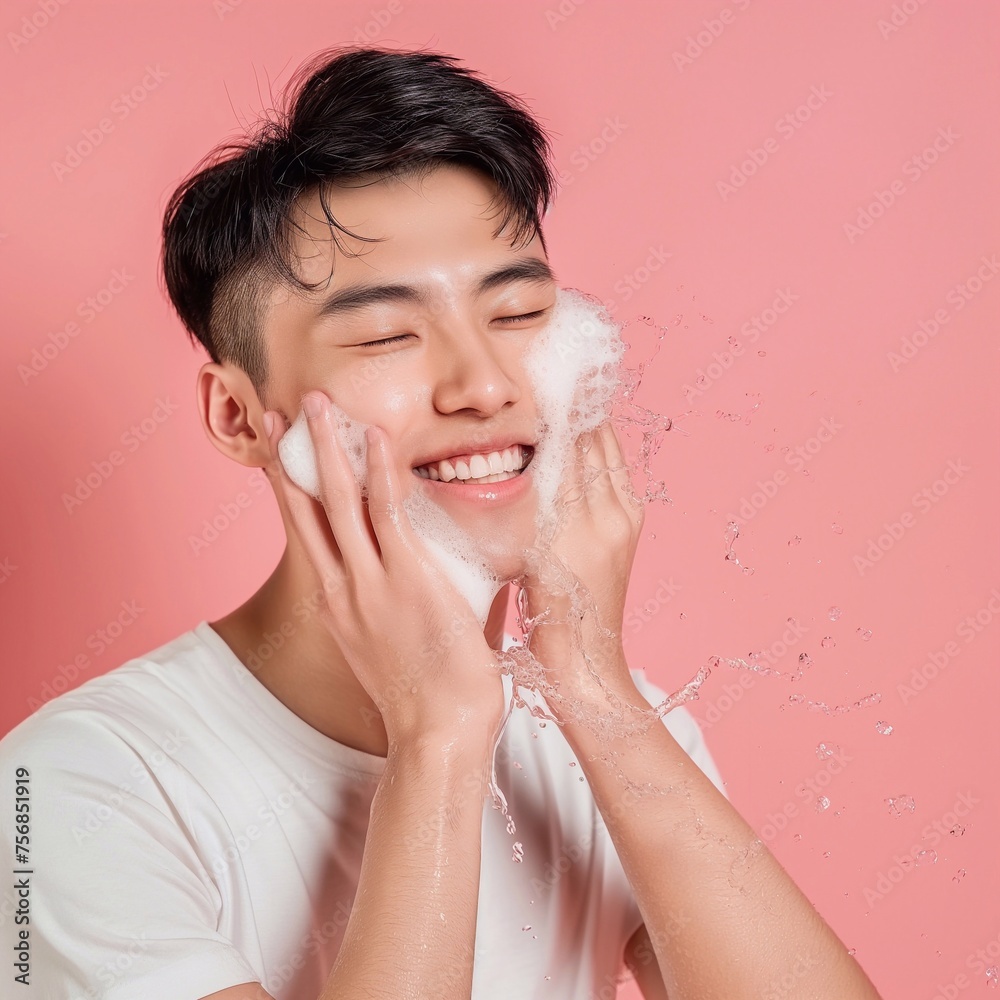 Asian men model washing his face with clean water. On a flat color ...