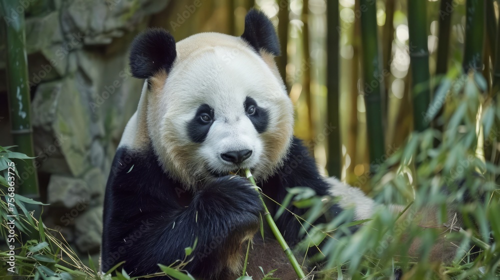 Majestic Giant Panda Bear Sitting and Eating Bamboo in Lush Green ...