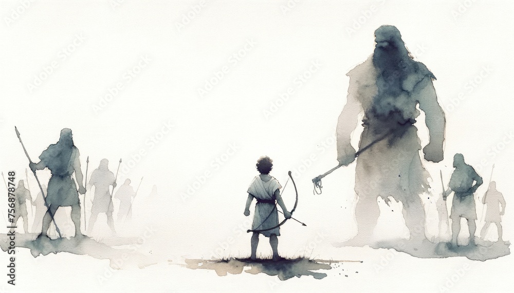 David and Goliath. Digital watercolor painting of an ancient warrior ...