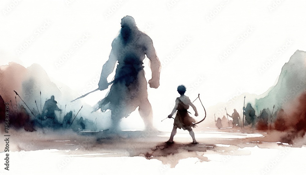 David and Goliath. Digital watercolor painting of an ancient warrior ...