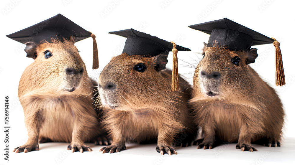 Three capybaras dressed in graduation caps, depicting celebration and educational achievement ...