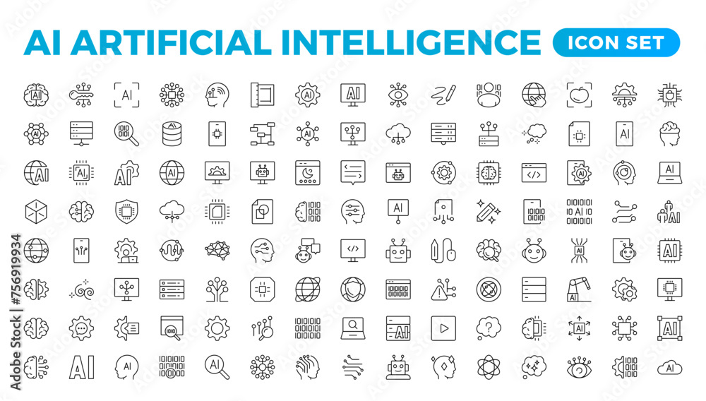 Set of Ai artificial intelligence icon set vector collection. AI Essentials line Icon collection ...