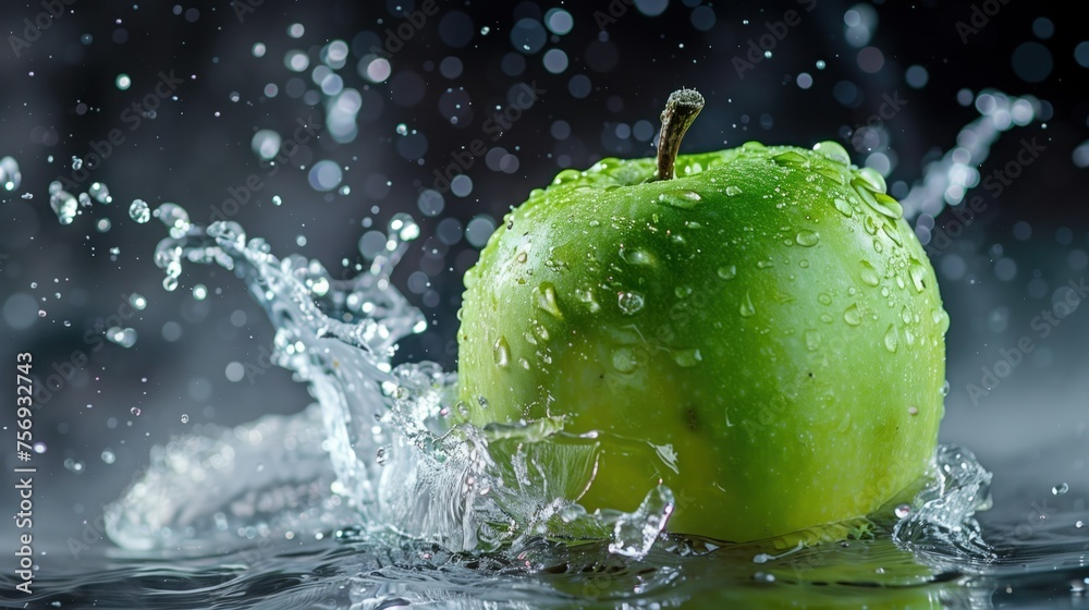 Photo Stock Freshness Splash, A crisp green apple, covered in droplets ...