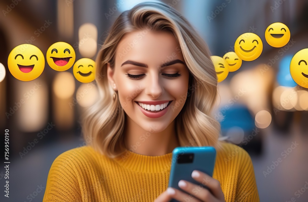 A beautiful young woman blogger, vlogger or influencer is receiving ...