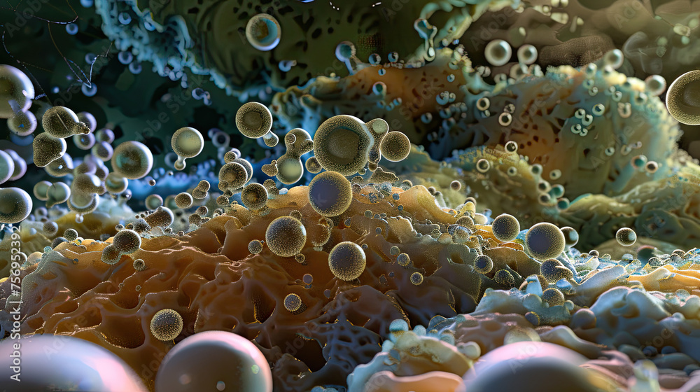 3D-rendered detailed yeast colony exhibiting diverse cell forms and ...