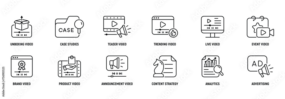 Video Marketing Line Icon Set: Unboxing, Case, Studies, Teaser, Brand ...