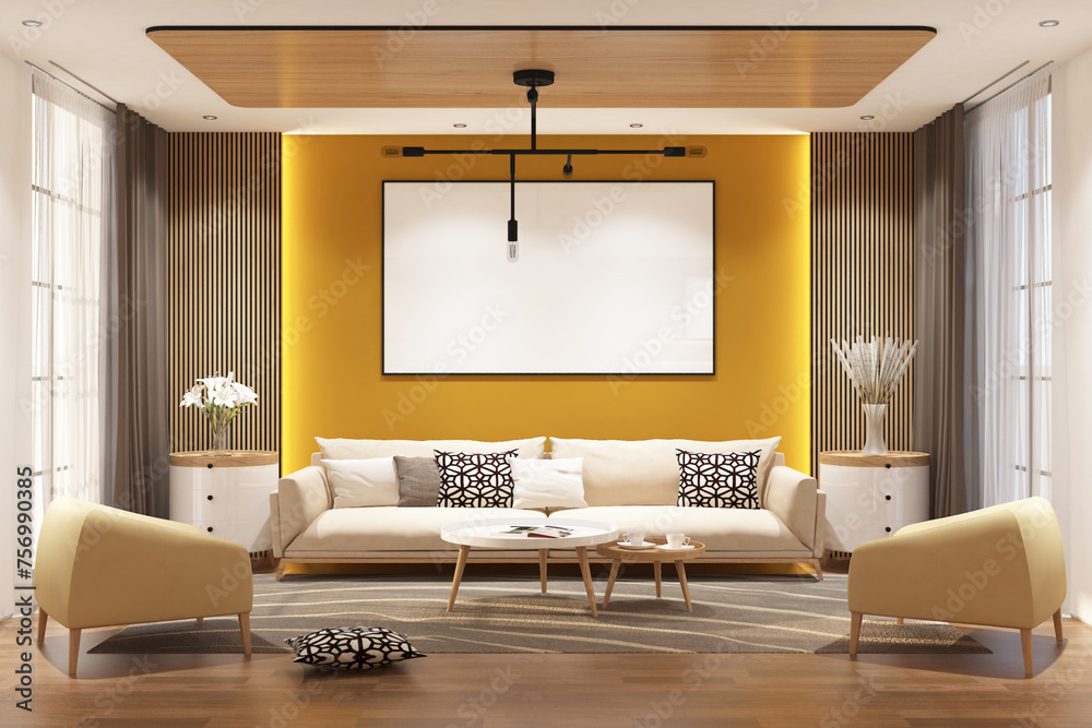 Scandinavian living interior with frame mock up on the wall. Design 3d ...