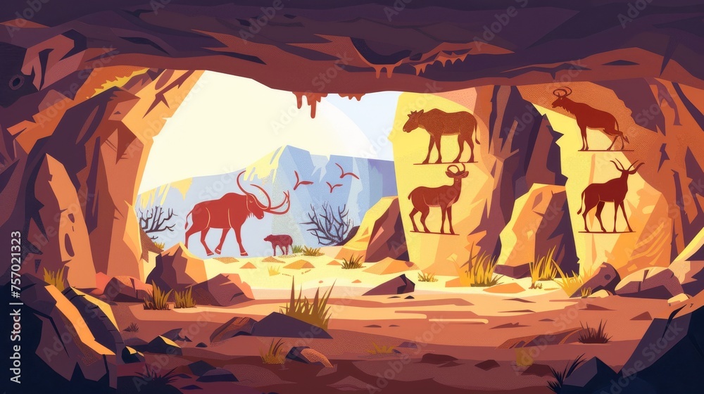 Animal drawings on wall of a prehistoric cave. Modern cartoon ...