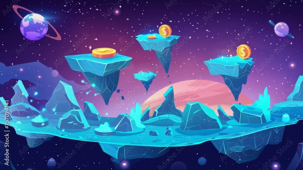 Coin collection game level route on floating land islands in outer ...