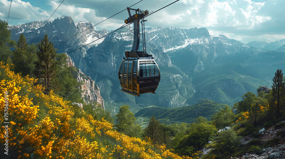 A cable car set against the majestic backdrop of mountains, offering ...
