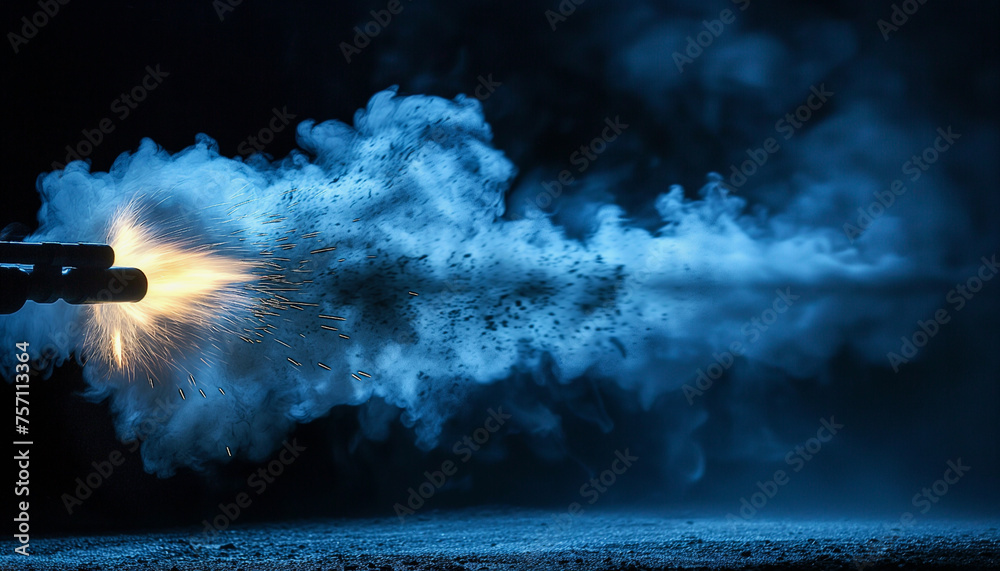 Energy shot submachine gun, with bright white smoke and sparks flying ...