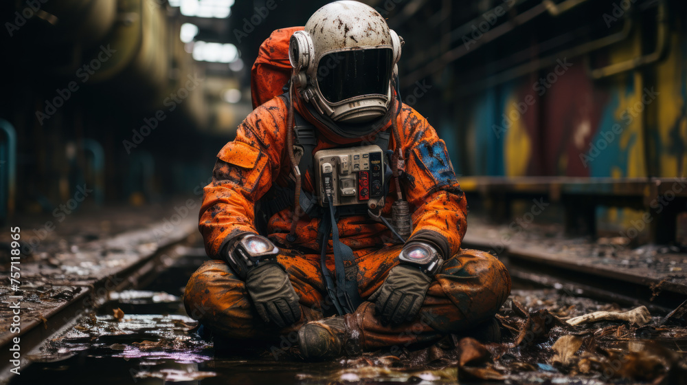 Astronaut poses for a photo shoot with a retro background with flowers ...
