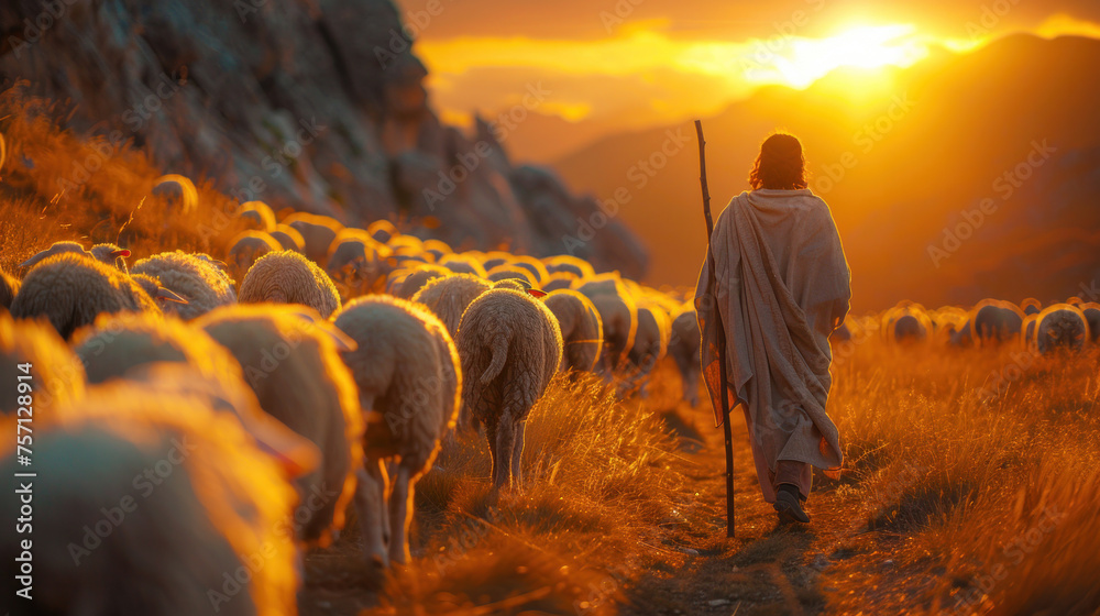 Bible jesus shepherd with his flock of sheep. Stock Photo | Adobe Stock