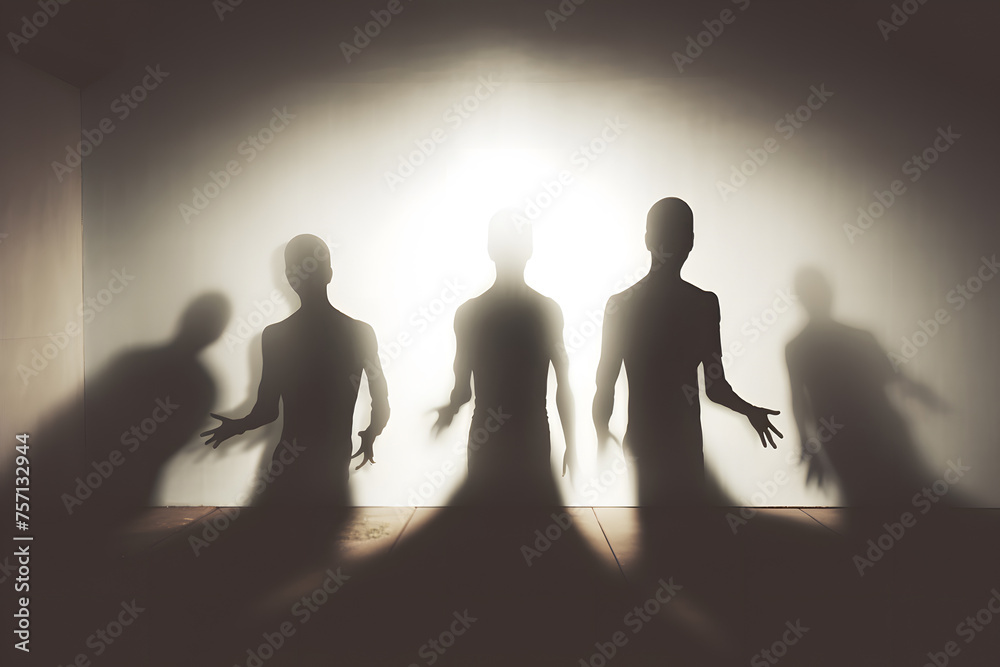 Alien silhouettes reflect as shadows on house wall. Creatures reveals ...