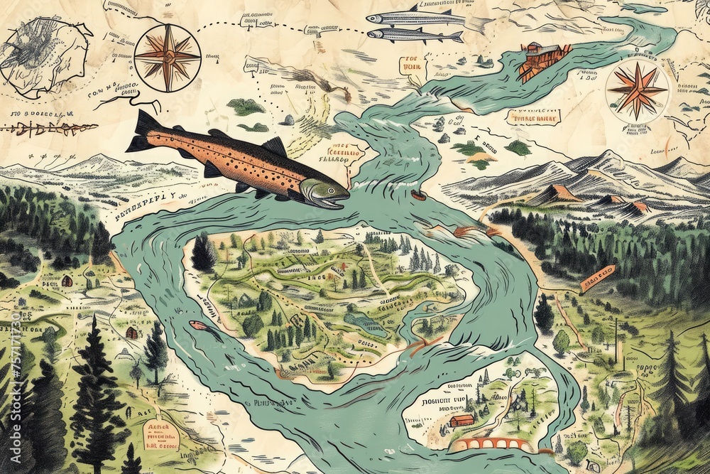 Explore a detailed river map depicting a fish navigating its natural ...