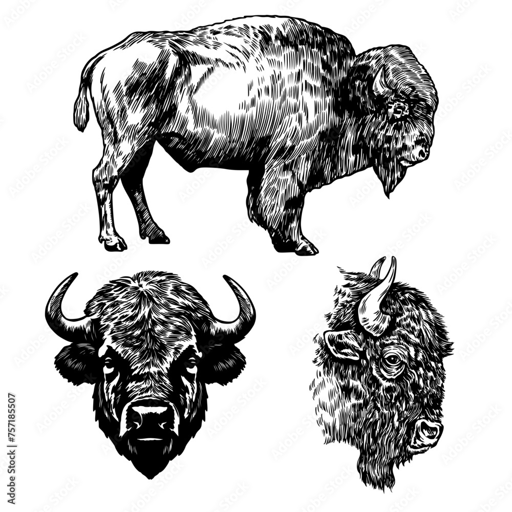 Bison illustration. Vintage hand drawn bison illustration. Set of bison ...