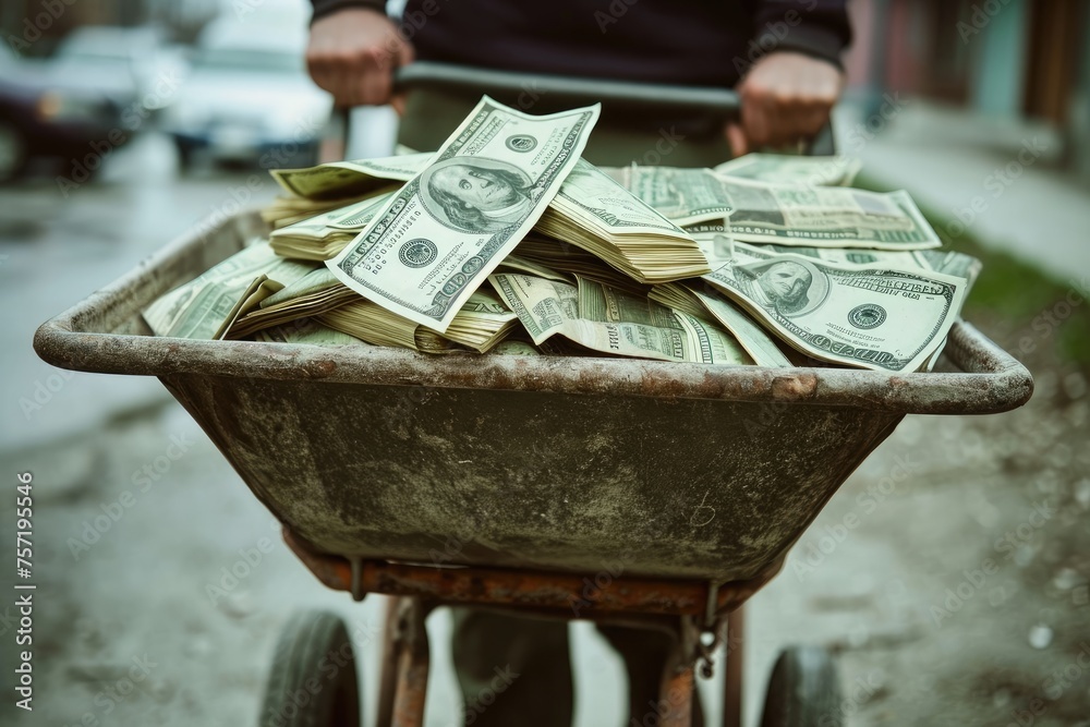A man is exerting effort as he pushes a wheelbarrow filled with a large ...