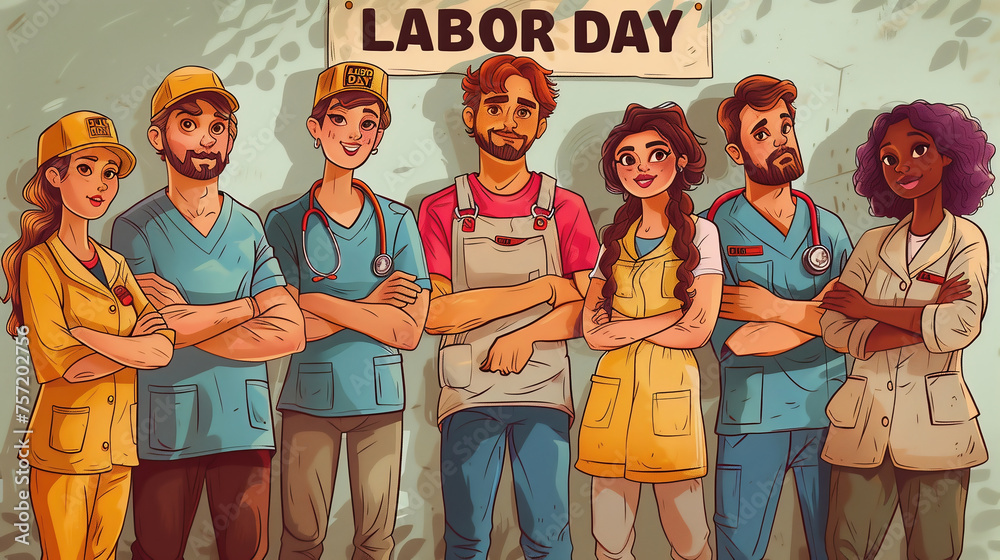 Poster to commemorate Labor Day with workers from different trades ...