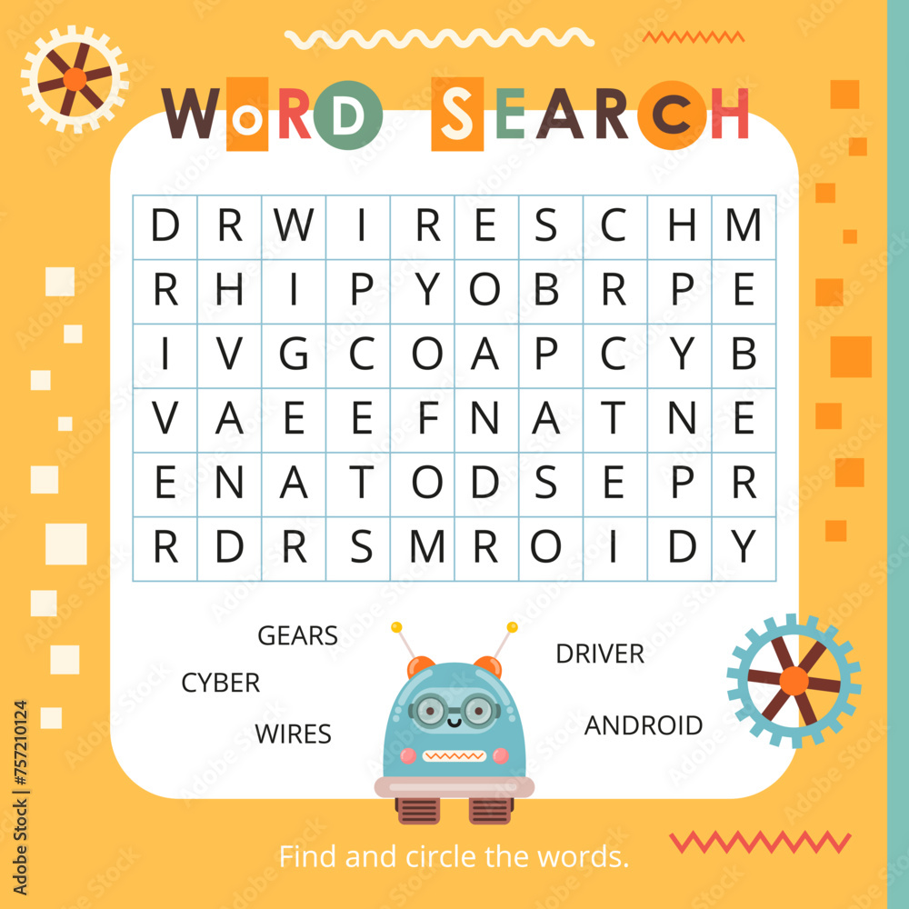 Cute Robot activities for kids. Word search game. Find the hidden words ...