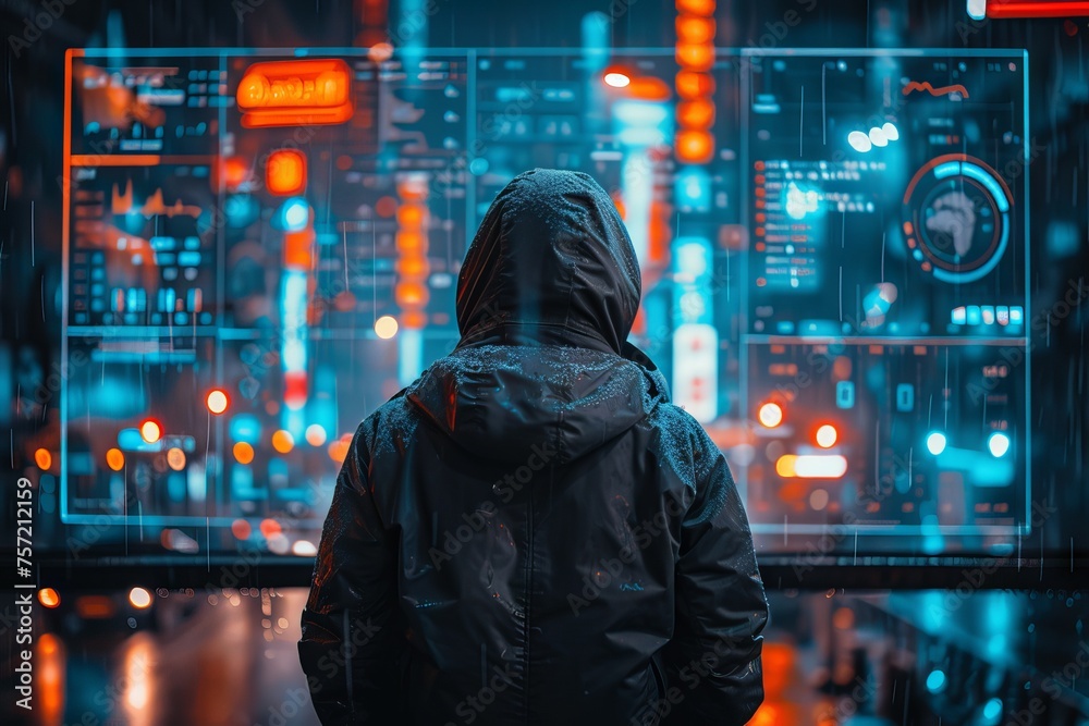 IT specialist in front of monitors and holograms with an interface and cybernetic. Concept ...