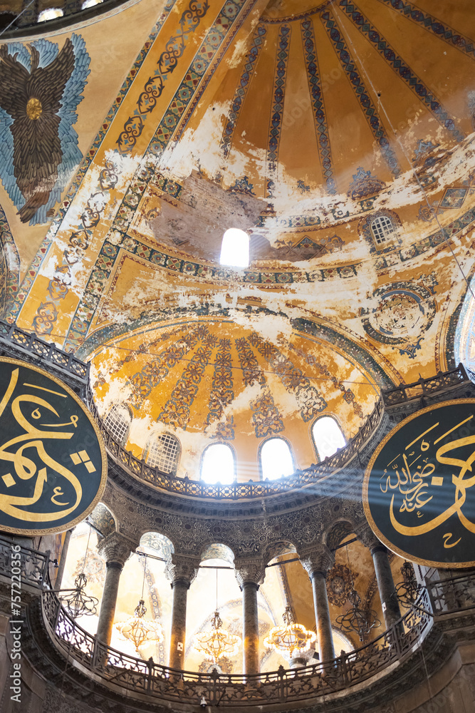 ISTANBUL,TURKEY,SEPTEMBER 26, 2023:dome of Hagia Sophia mosaic of seraphim angels, round ...