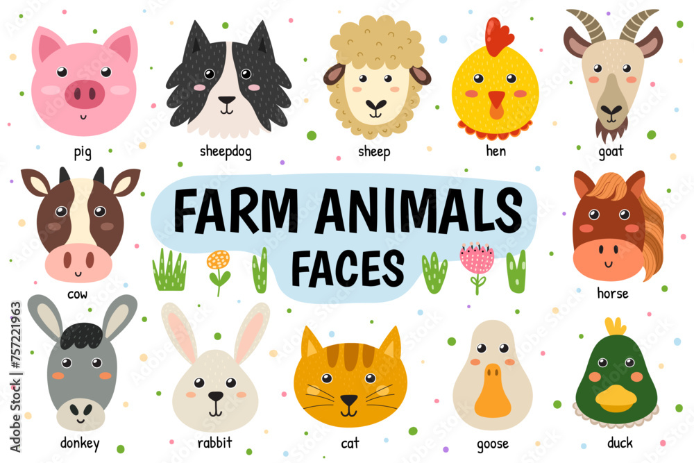 Farm animals faces collection in cartoon style for kids design. Cute ...