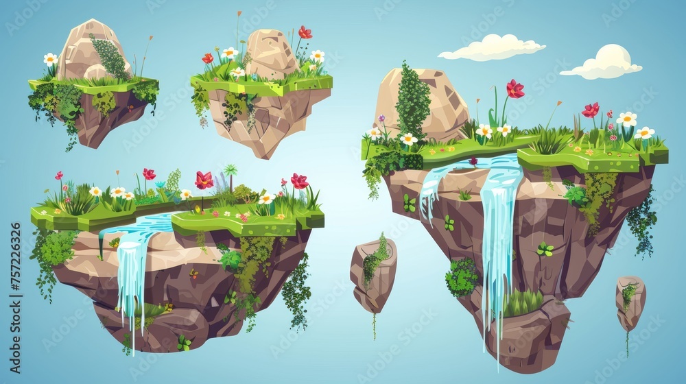 Flying stone platform with water stream on fantasy flying stone island ...