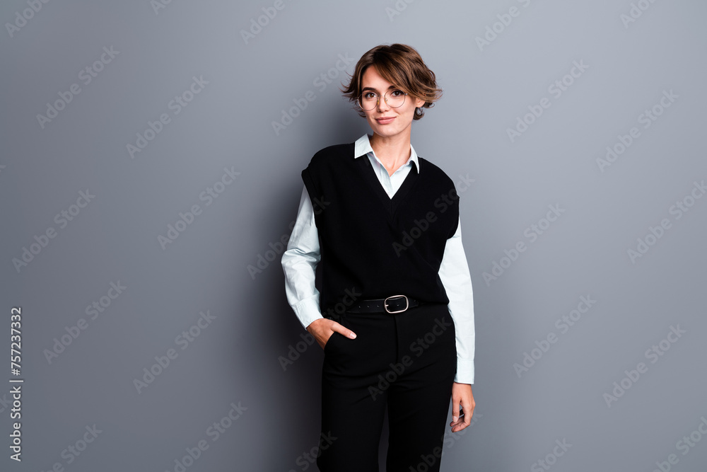 Photo of positive happy lady professor dressed black vest eyewear empty ...