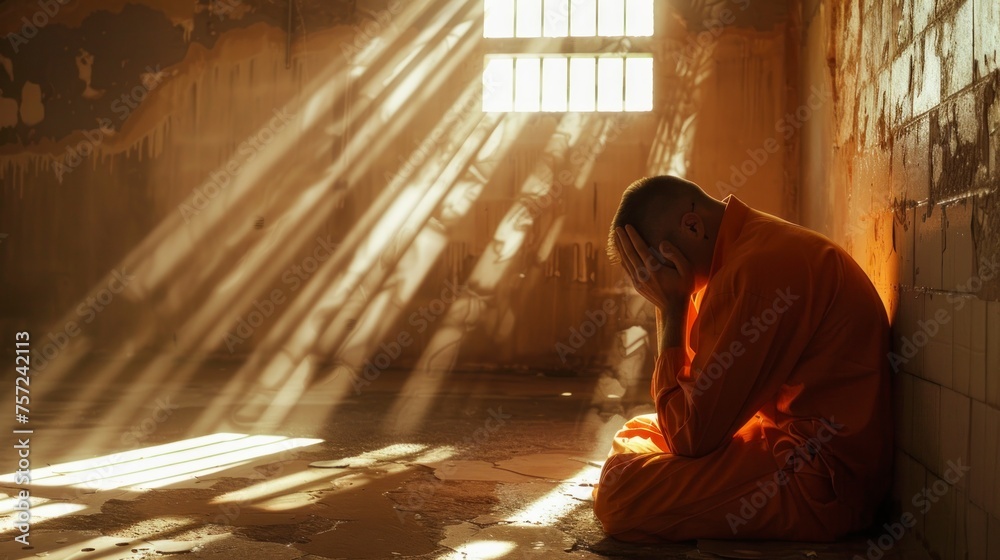 man in orange suit inside prison sitting repentant with rays of sun ...