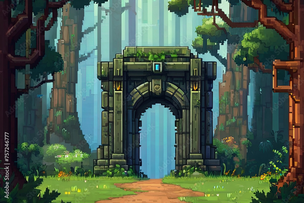 Pixel art game background. Forest portal, magic gate view. Enchanting ...
