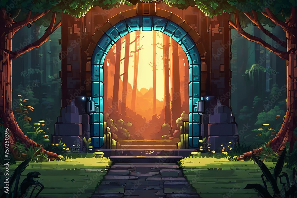 Pixel art game background. Forest portal, magic gate view. Enchanting ...