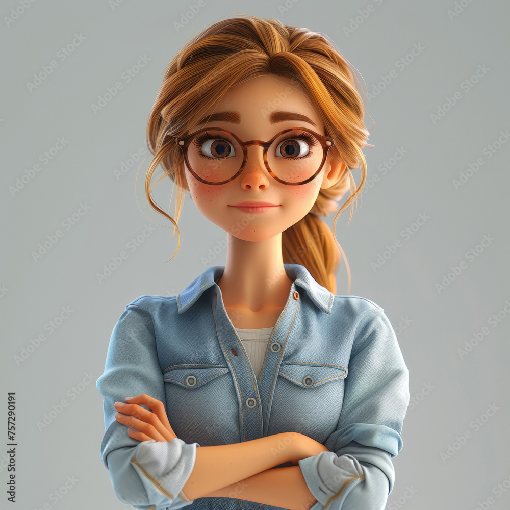 Cartoon female, 3D and illustration for animation on backdrop ...