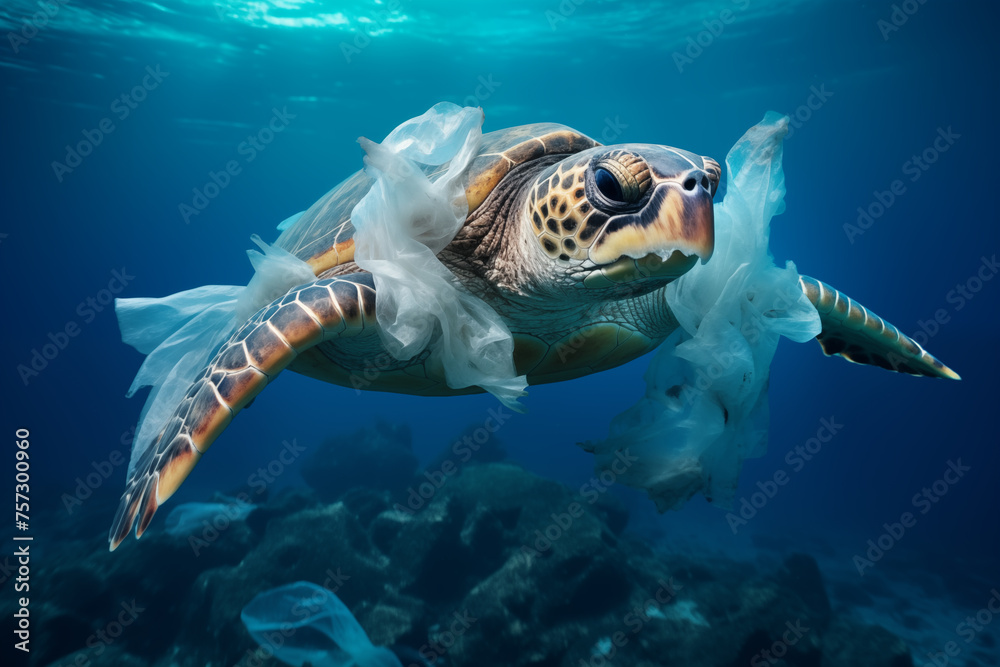 Stock-Foto „Turtle stuck in plastic bag, result of ocean water ...