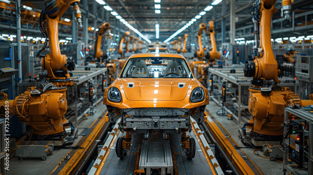 Automated car assembly line with robotic arms and a vehicle in ...