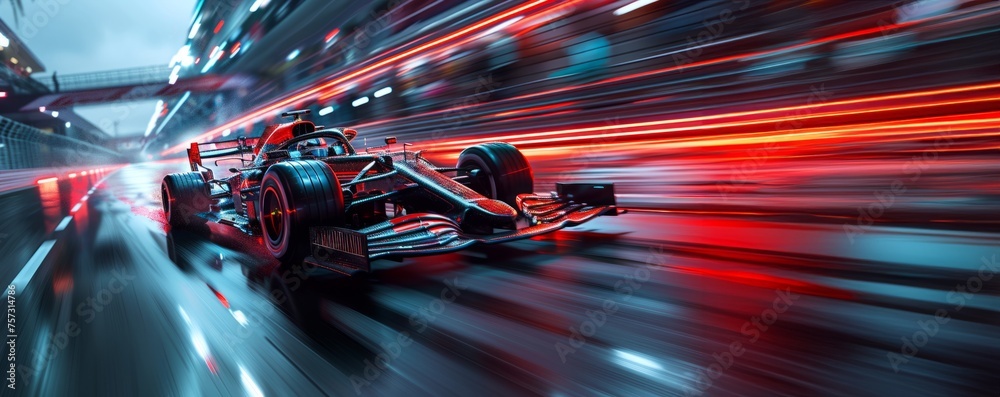 Fast racing car driving on high speed along the street with blurred ...