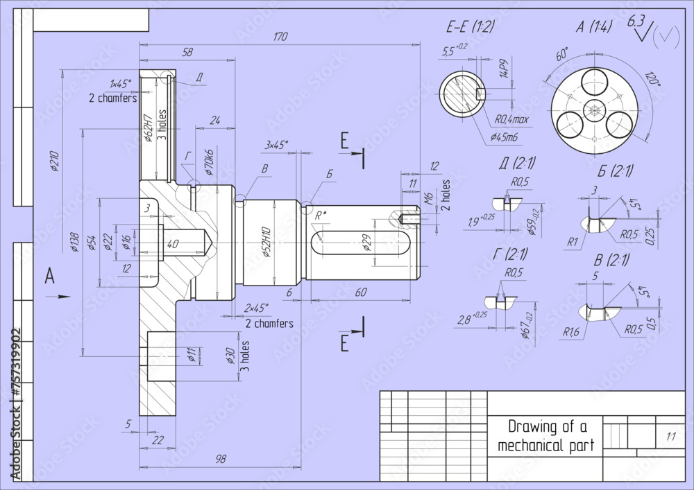 Assembly drawing of steel part with through holes. Vector cad scheme of ...