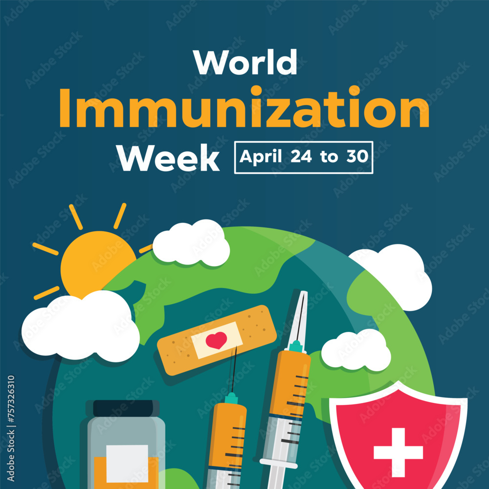 World Immunization Week. Earth, syringe, vaccine, shield, cloud, sun ...