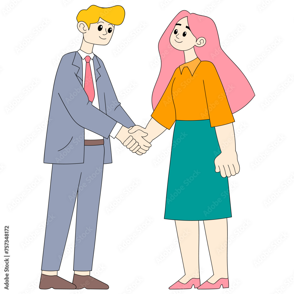 cartoon doodle illustration of cooperation at work, boy and girl ...