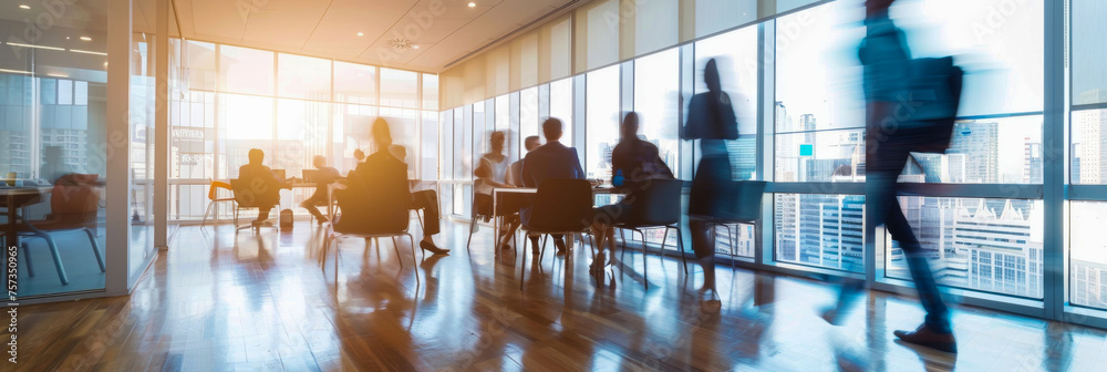 This photo captures a modern office space with several blurred figures ...