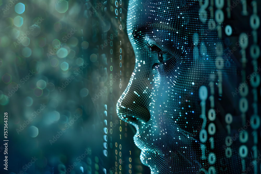 Female face with matrix digital numbers artifical intelligence AI theme ...
