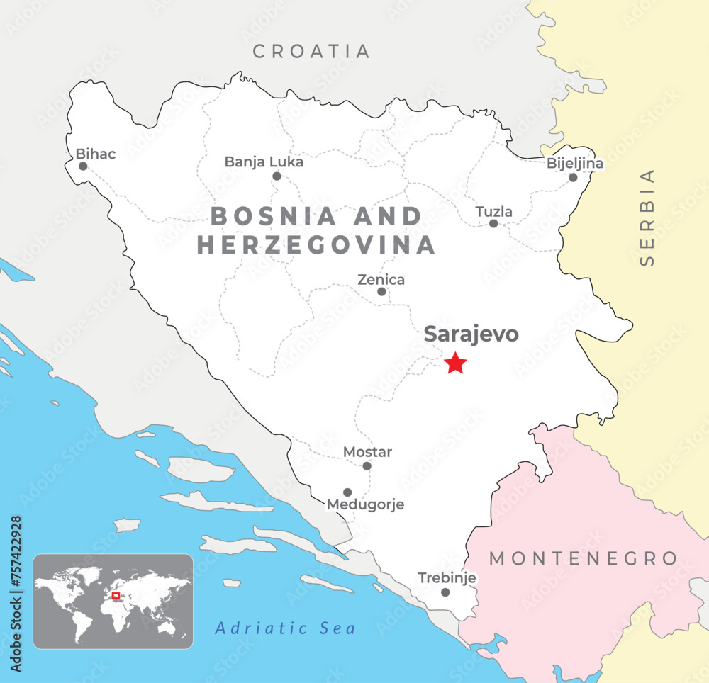 Bosnia and Herzegovina Political Map with capital Sarajevo, most ...