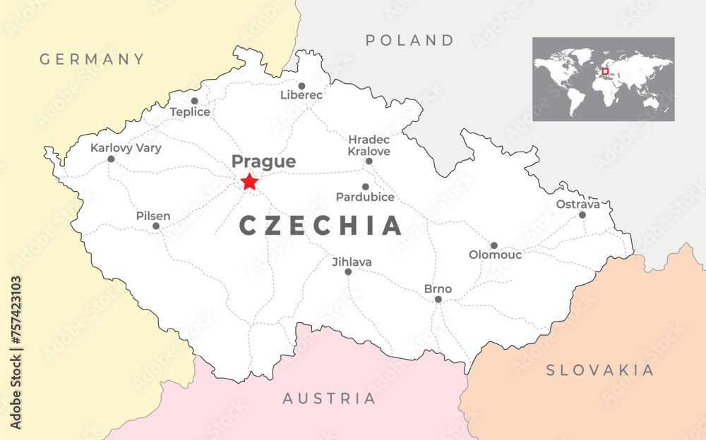 Czech Republic Political Map with capital Prague, most important cities ...