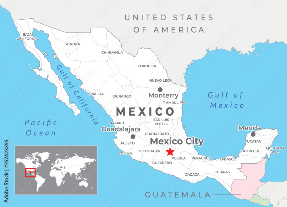 Mexico Political Map with capital Mexico City, most important cities ...