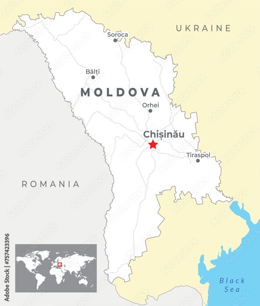 Moldova Political Map with capital Chisinau, most important cities and ...