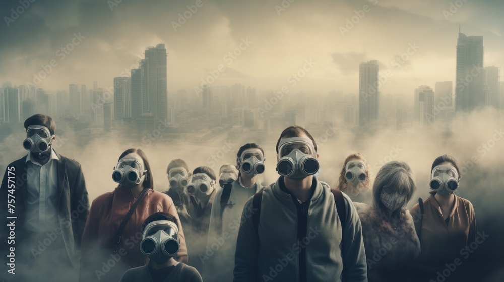 Big cities covered in toxic fumes People wearing masks Depicts the ...